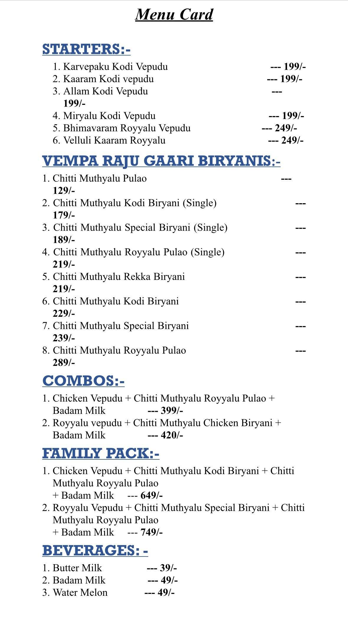 Menu of Vempa Raju Gari Biryani, Kukatpally, Hyderabad
