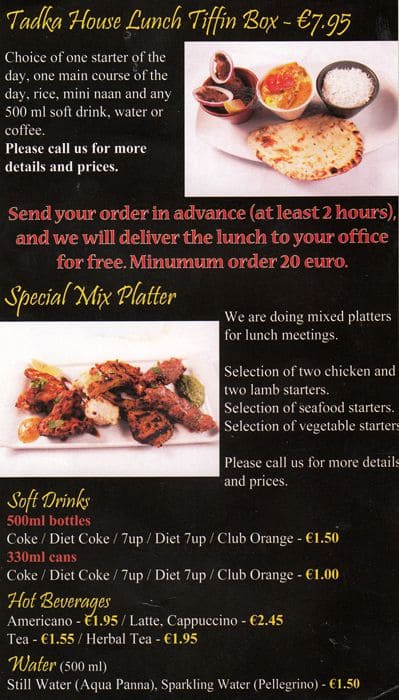 Menu at Tadka House Indian Takeaway restaurant, Dublin