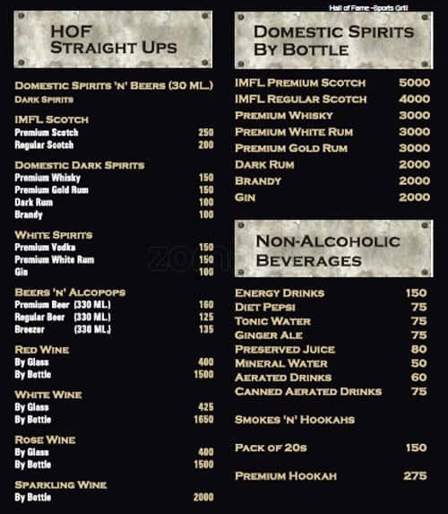 Menu at Hall of Fame Sports Bar, Hyderabad, CCJ5+2R3