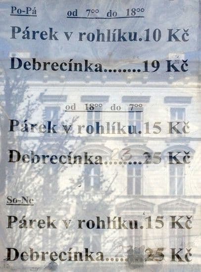Menu at Párek v rohlíku, Brno, Joštova