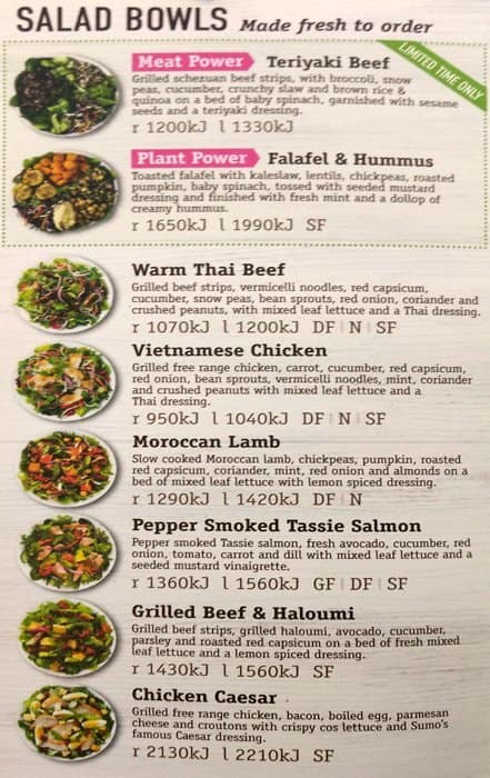 Menu at Sumo Salad fast food, Brisbane City, Queen St