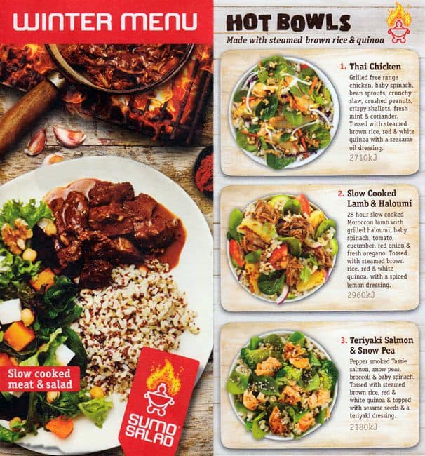 Menu at Sumo Salad restaurant, Brisbane City, 241 Adelaide St