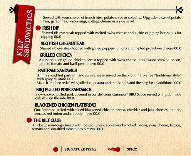 Menu at Tilted Kilt Pub and Eatery, San Diego, Camino Del Rio N