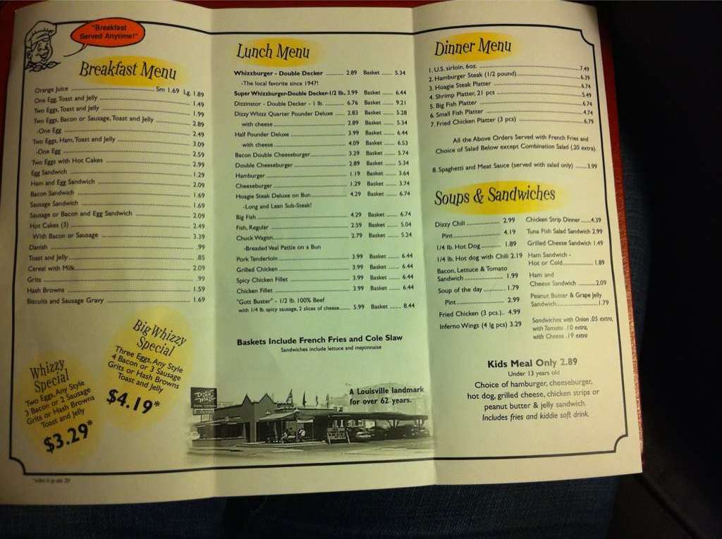 Menu at Dizzy Whizz Drive-In restaurant, Louisville