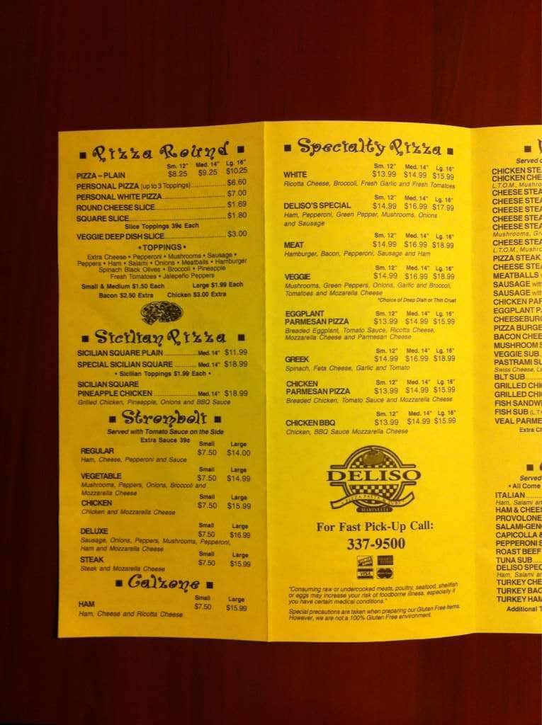 Menu at Deliso Pizza pizzeria, Gettysburg