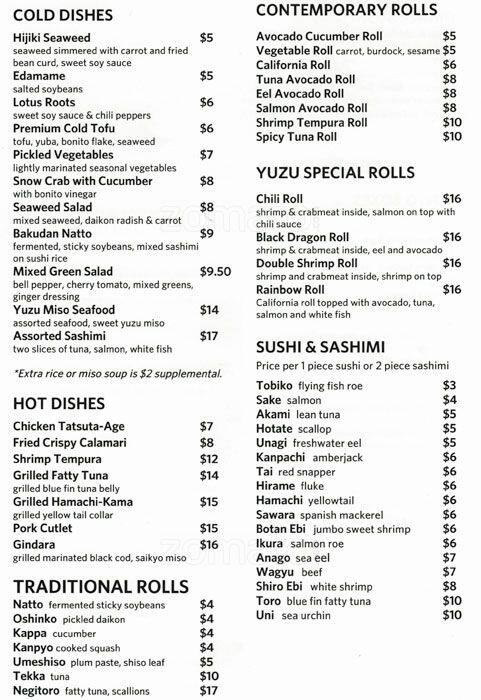 Yuzu Menu, Menu for Yuzu, Harlem, New York City - Urbanspoon/Zomato