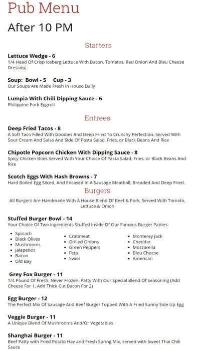 Menu at Grey Fox Grille and Public House, Dover