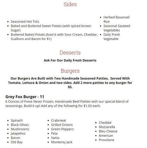 Menu at Grey Fox Grille & Public House, Dover