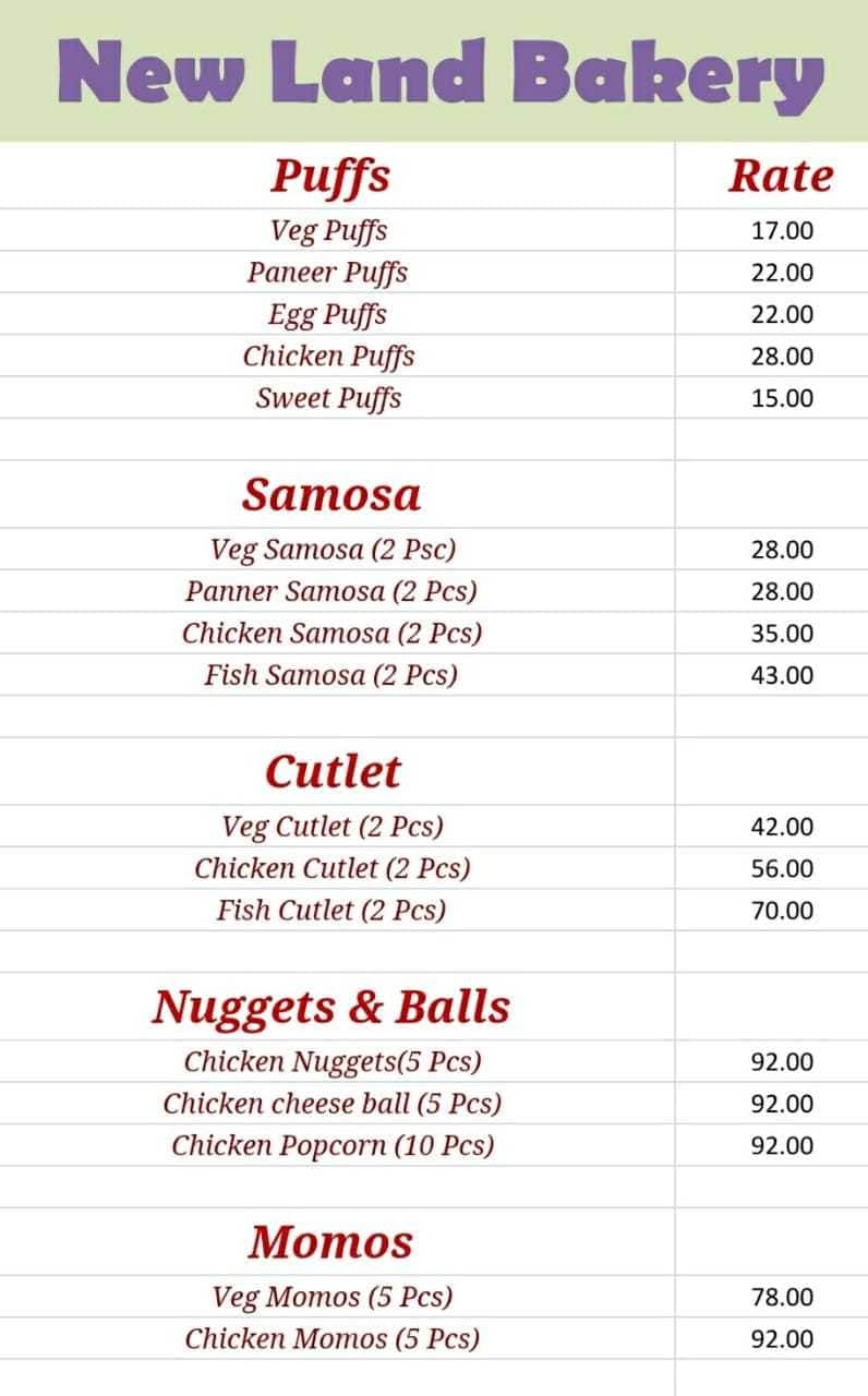 Menu at New Land Bakery, Chennai