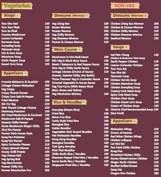 Menu of Victoria Oriental & Thai Restaurant, Kopar Khairane, Navi Mumbai