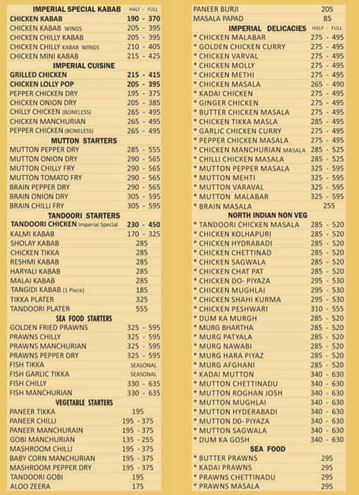 Menu of Imperial Restaurant - Since 1954, Indiranagar, Bangalore