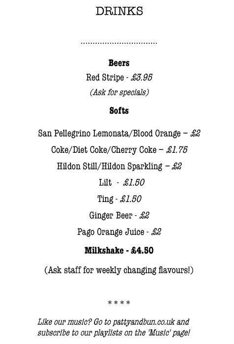 Menu at Patty&Bun restaurant, London, 22-24 Liverpool St