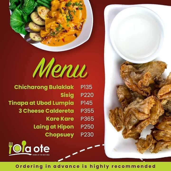 Menu at Lola Ote Restaurant, Quezon City, 26 Sgt. Esguerra Ave