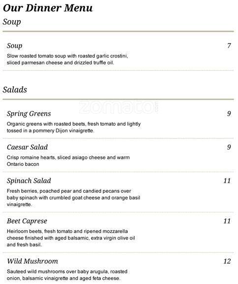 Menu at Jac's Bistro restaurant, Oakville