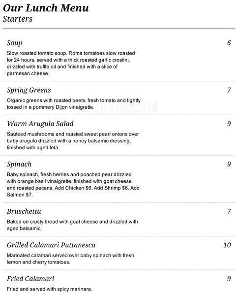 Menu at Jac's Bistro restaurant, Oakville