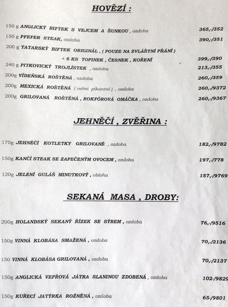 Menu at Pitkovická Restaurace restaurant, Prague