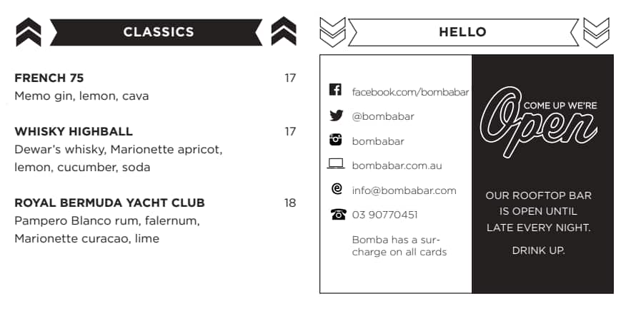 Menu at Bomba Rooftop pub & bar, Melbourne, 103 Lonsdale St