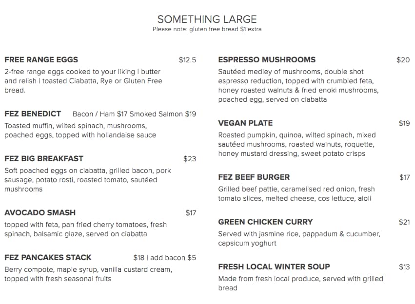 Menu at Fez cafe, Mount Lawley