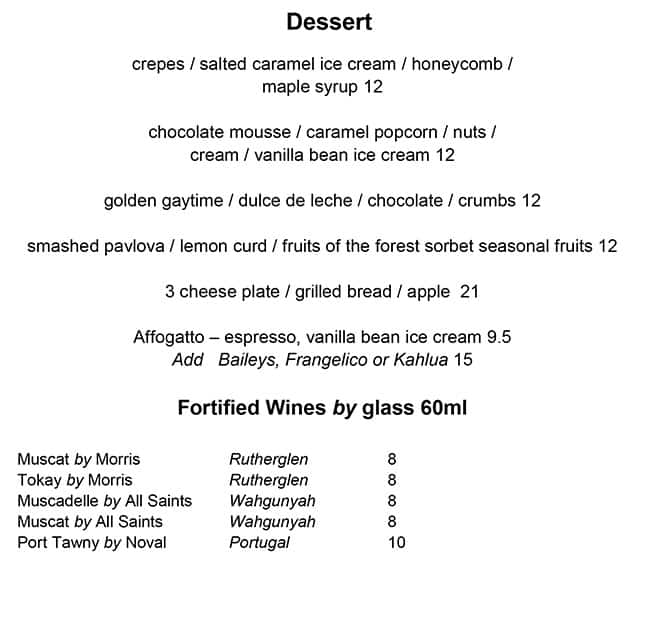 Menu at Watermarc Dining restaurant, Wangaratta