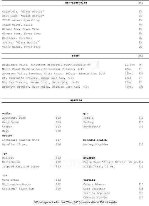 Menu at Addendum restaurant, Yountville