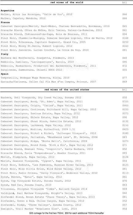 Menu at Addendum restaurant, Yountville