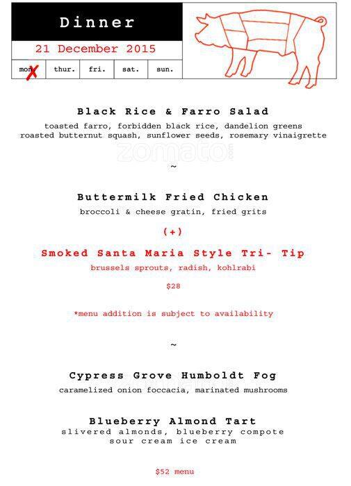 Menu at Addendum restaurant, Yountville