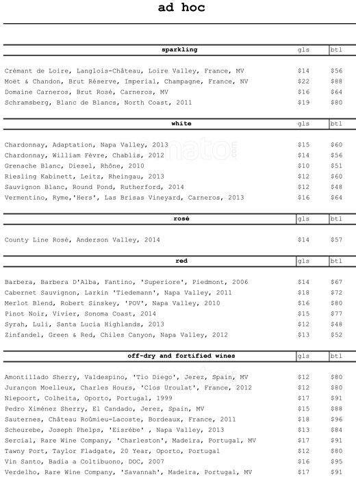 Menu at Addendum restaurant, Yountville