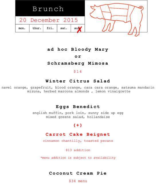 Menu at Addendum restaurant, Yountville