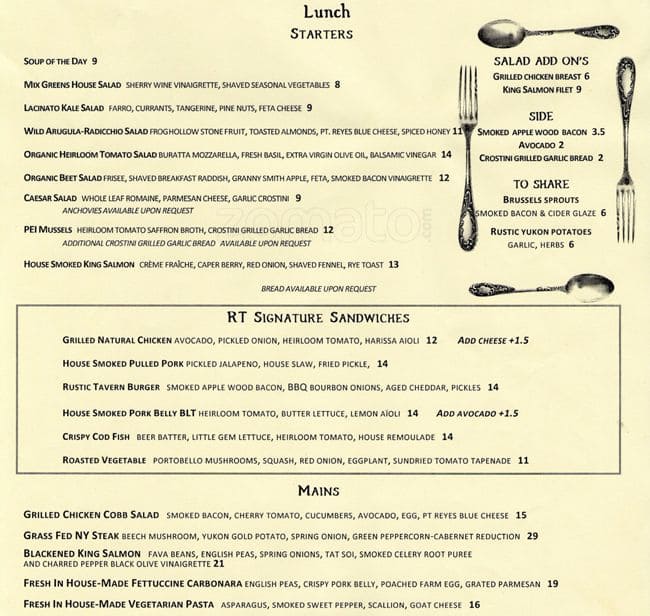Menu at Rustic Tavern restaurant, Lafayette