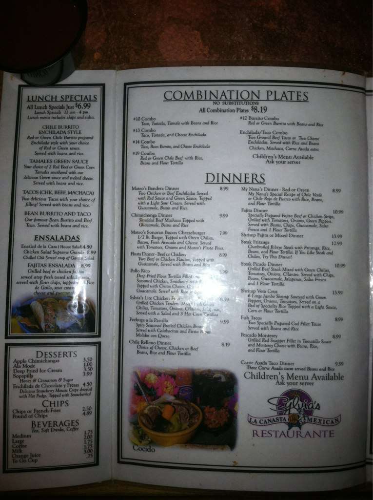 Menu at Sylvia's La Canasta restaurant, Phoenix, N 7th Ave