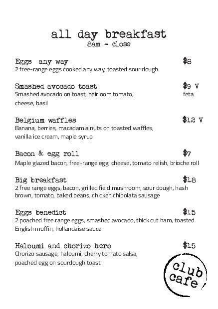 Club Cafe Menu, Menu for Club Cafe, Canterbury, Sydney - Urbanspoon/Zomato