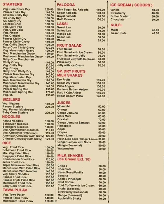 Menu at Shiv Sagar Veg Restaurant, Lucknow, Yadav Complex