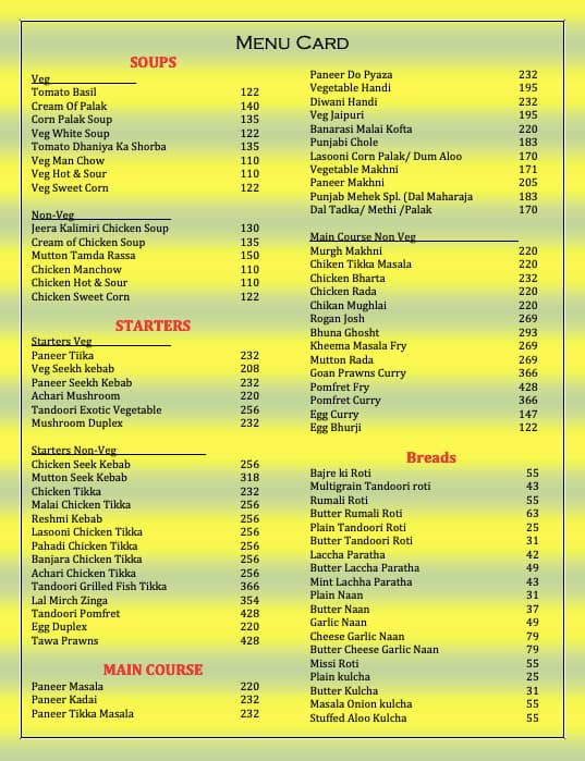Menu of Punjab Mehek, Virar, Mumbai