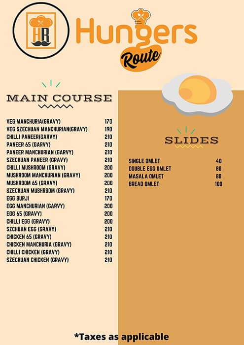 Menu at Hungers Route, Hyderabad, D.no 1-73/JH/103/p Ground floor