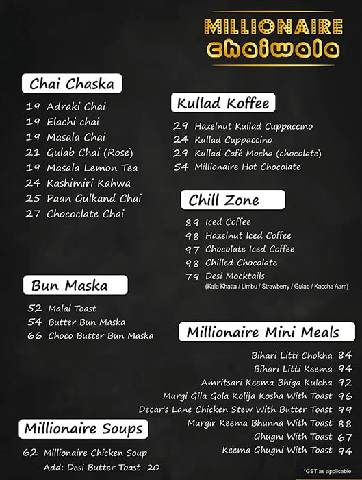 Menu of Millionaire Chaiwala, Sinthi, Kolkata