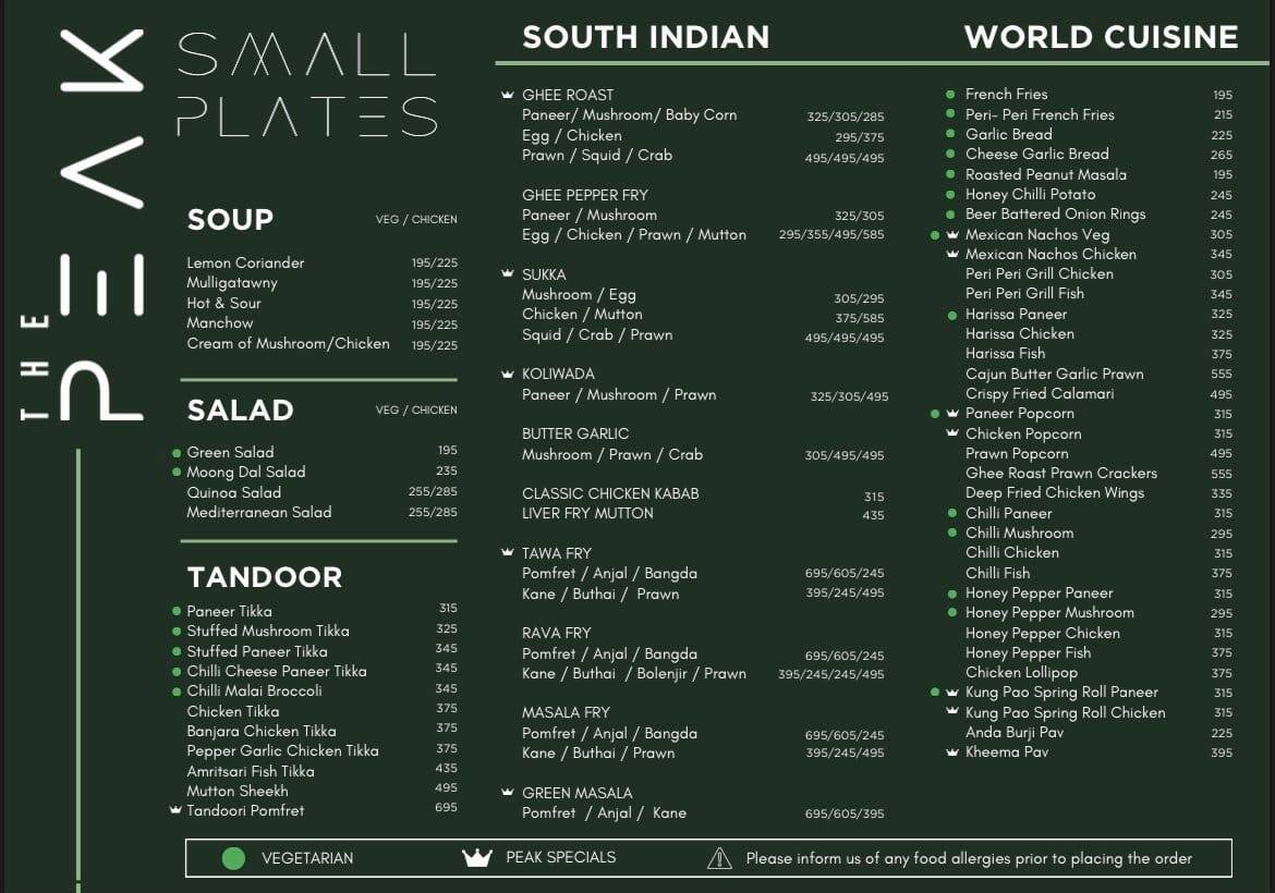 Menu of The Peak, Sahakara Nagar, Bangalore