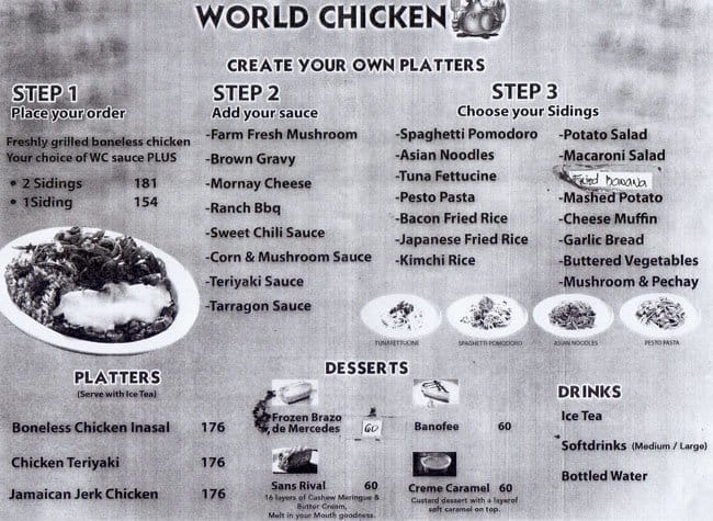 Menu at World Chicken restaurant, Makati, Ground Flr