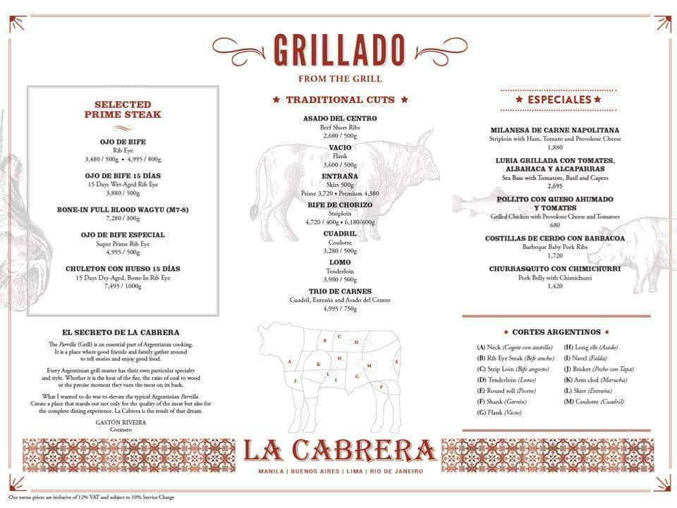 Menu at La Cabrera restaurant, Makati, H23G+46M