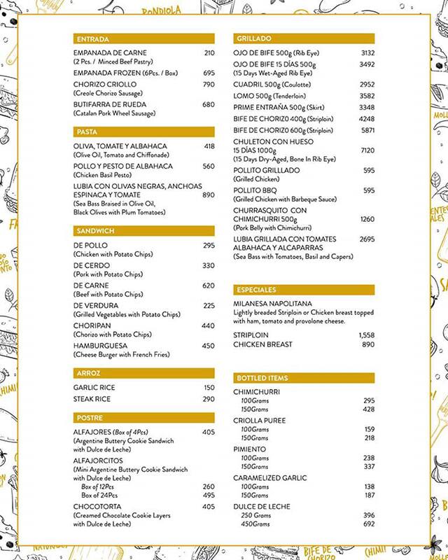 Menu at La Cabrera restaurant, Makati, H23G+46M
