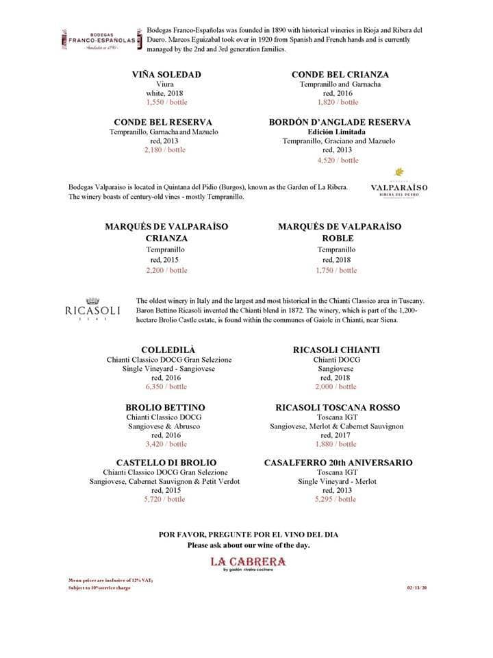 Menu at La Cabrera restaurant, Makati, H23G+46M