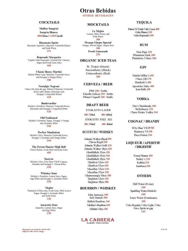 Menu at La Cabrera restaurant, Makati, H23G+46M