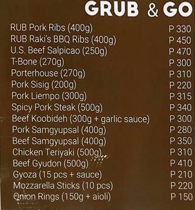 Menu at RUB restaurant, Quezon City