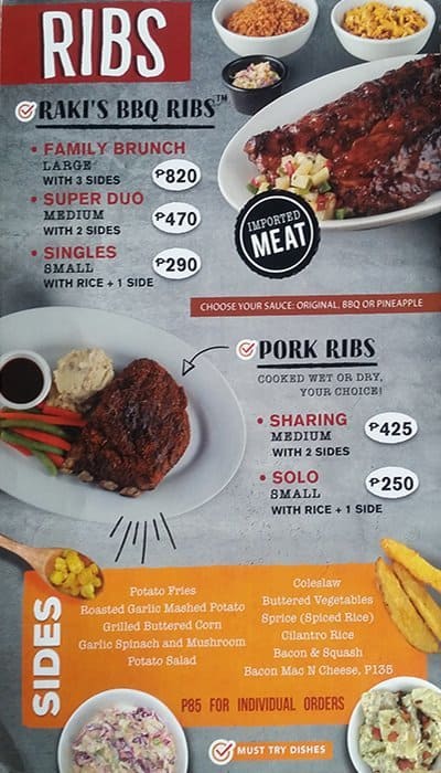 Menu at RUB restaurant, Quezon City