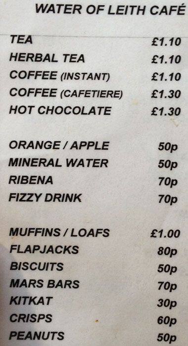 Menu at Water of Leith Visitor Centre and Cafe, Edinburgh