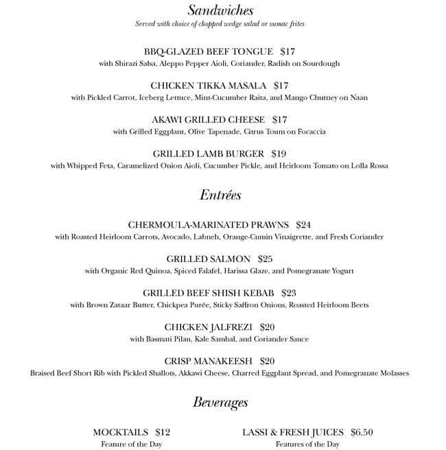 Menu at Diwan restaurant, Toronto, Aga Khan Museum