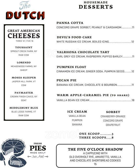 Menu at The Dutch restaurant, New York City