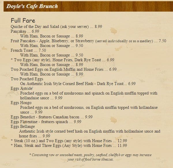 Menu at Doyle's Cafe, Boston