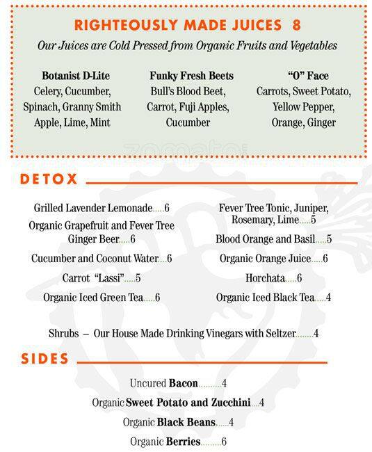 Menu at Righteous Foods cafe, Fort Worth