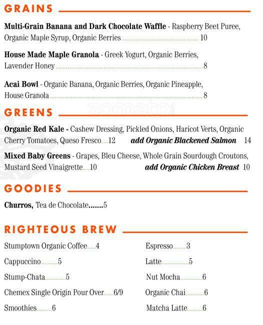 Menu at Righteous Foods cafe, Fort Worth