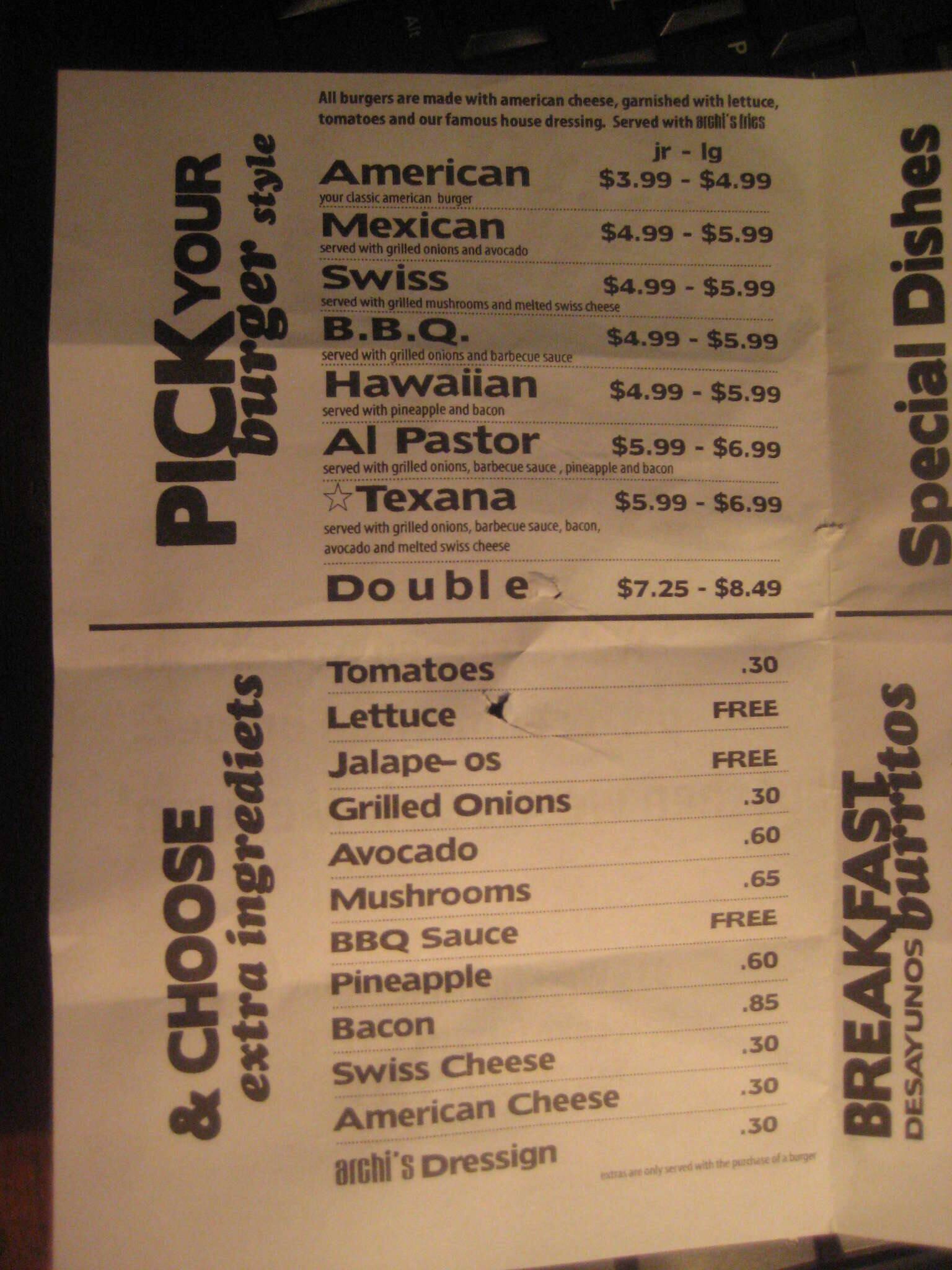 Archi's Burgers Menu, Menu for Archi's Burgers, Rose Park, Salt Lake ...